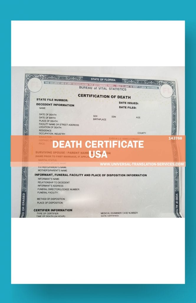 Certified Translation Template USA Death Certificate English into Spanish